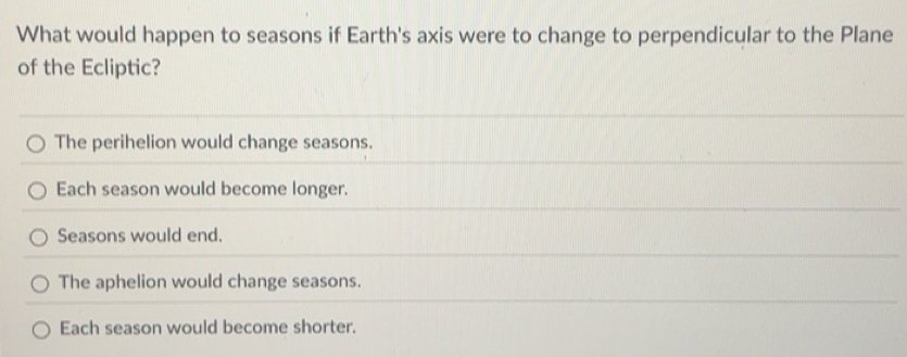 Solved: What would happen to seasons if Earth's axis were to change to ...