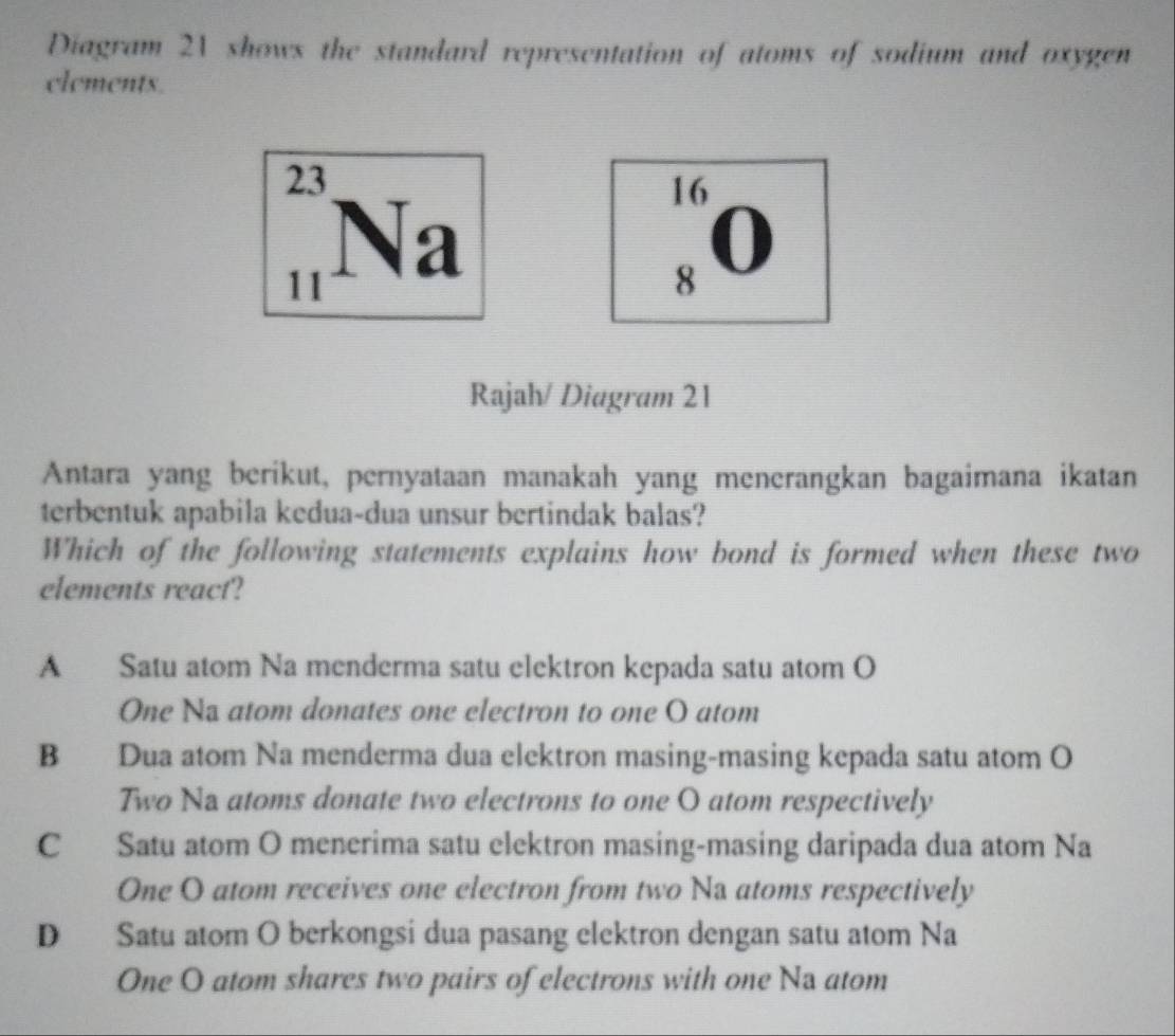 Selesai:Diagram 21 shows the standard representation of atoms of sodium and oxygen clements. 23 16
