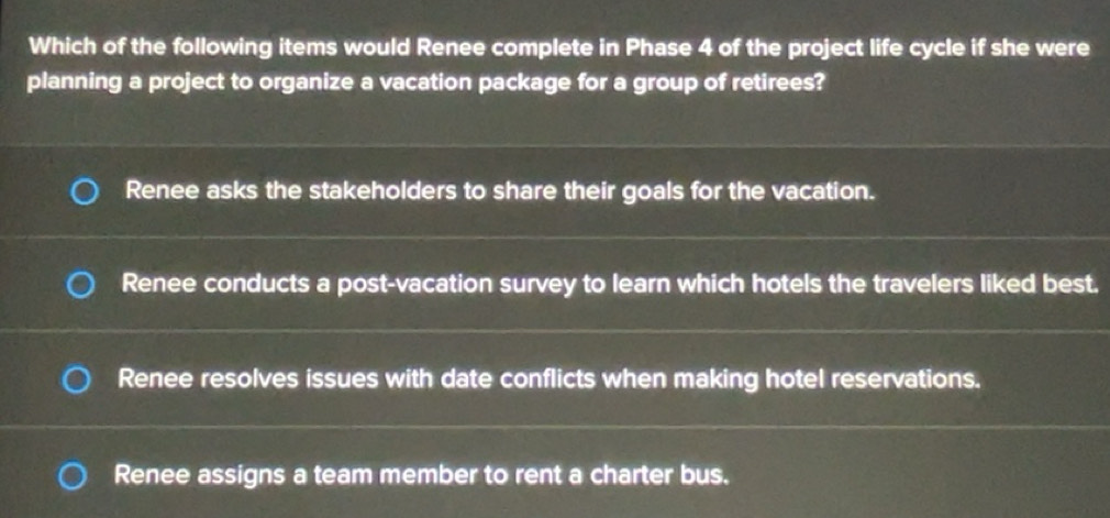 Solved: Which of the following items would Renee complete in Phase 4 of ...