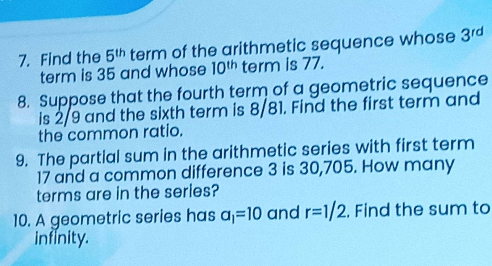 Solved: Find the 5^(th) term of the arithmetic sequence whose 3^(rd ...