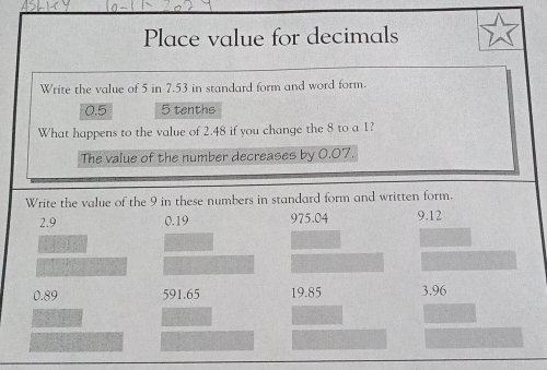 Solved: Place value for decimals Write the value of 5 in 7.53 in ...