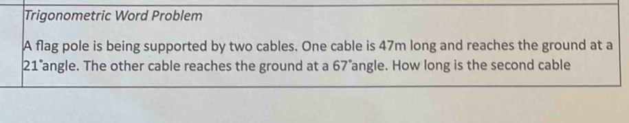 Solved: Trigonometric Word Problem A flag pole is being supported by ...
