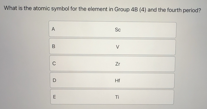 Solved: What is the atomic symbol for the element in Group 4B (4) and ...