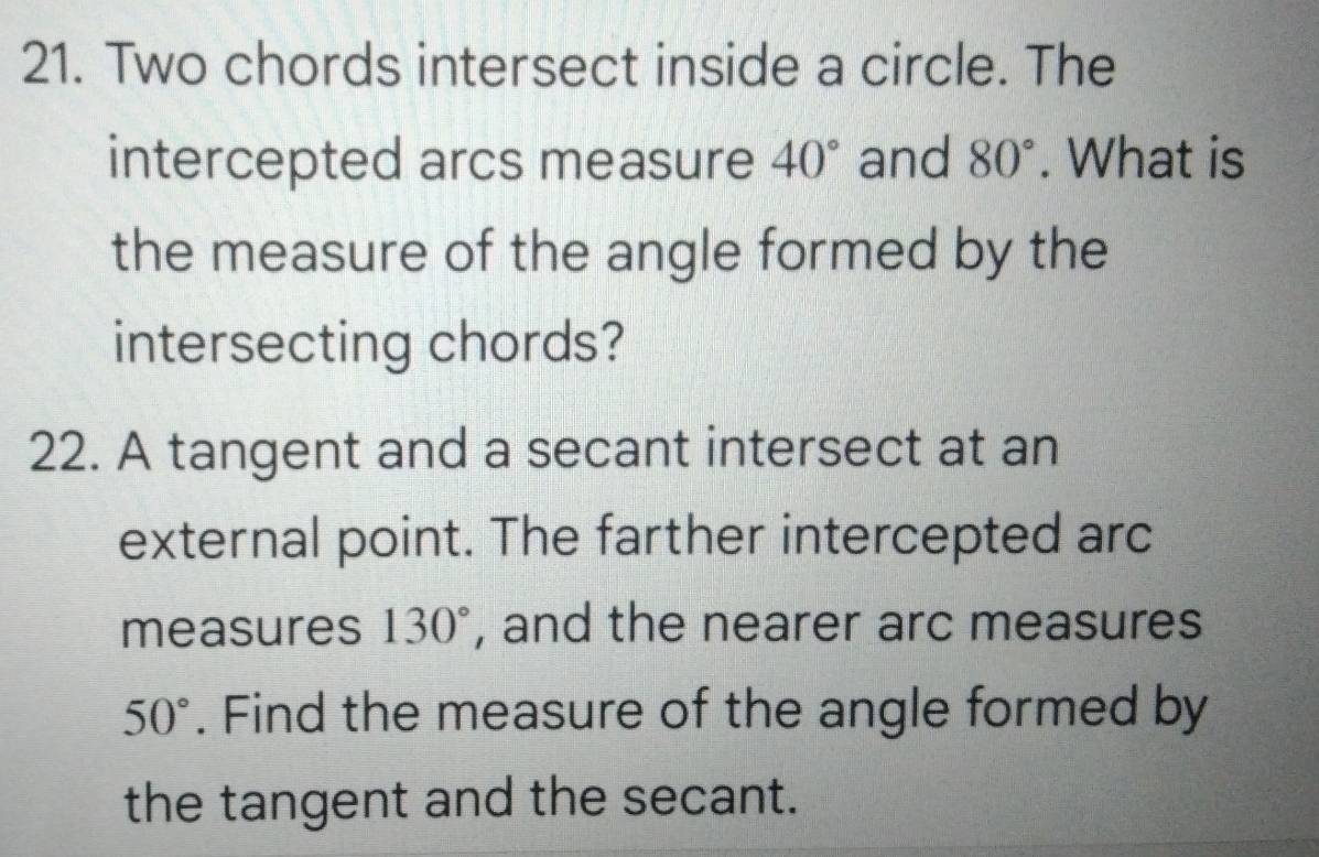 Solved: Two chords intersect inside a circle. The intercepted arcs ...