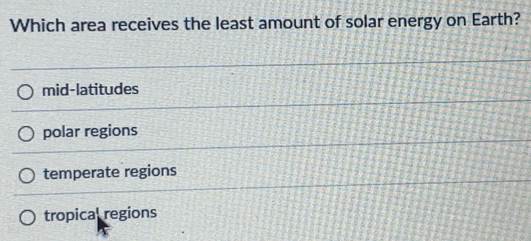 Solved: Which area receives the least amount of solar energy on Earth ...