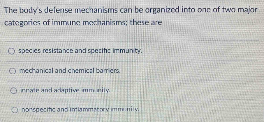 Solved: The body's defense mechanisms can be organized into one of two ...