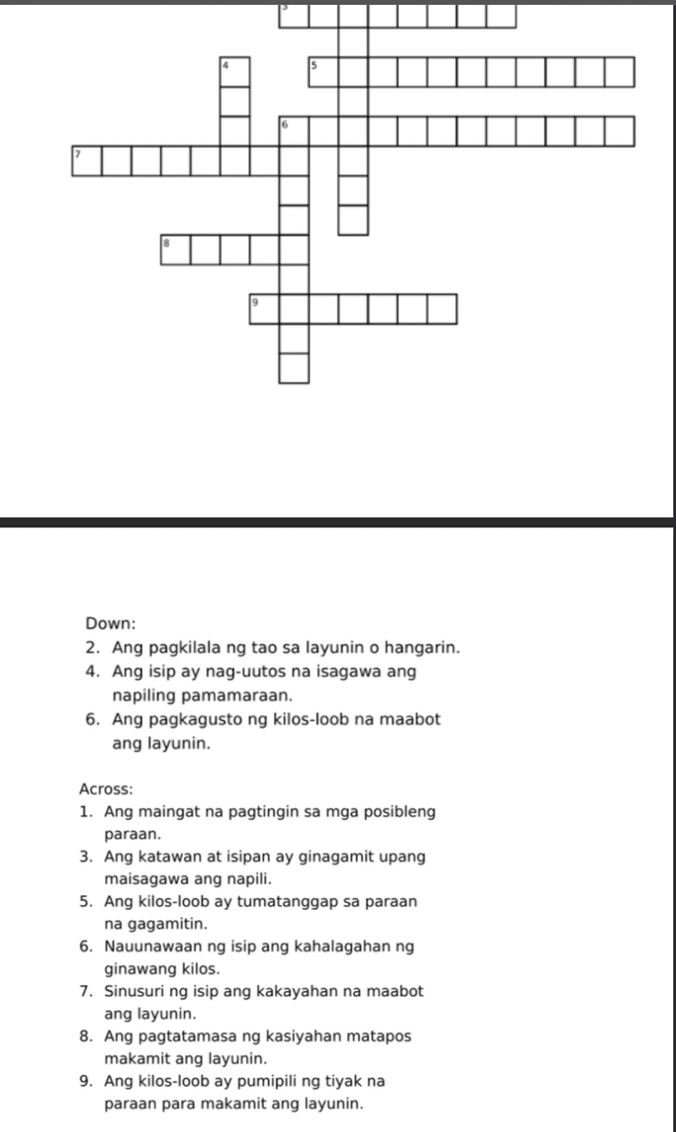 Solved: Down: 2. Ang pagkilala ng tao sa layunin o hangarin. 4. Ang ...