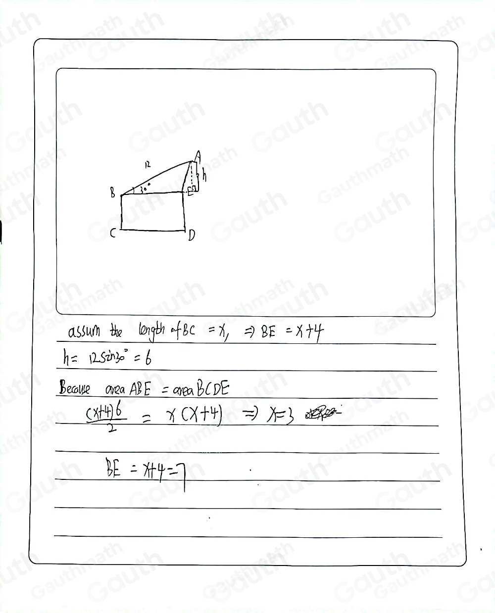 Solved: The diagram shows a triangle ABE and a rectangle BCDE. BC is 4 ...