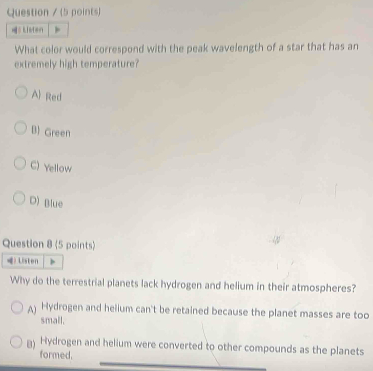 Solved: Question / (5 points) Listen What color would correspond with the peak wavelength of a ...