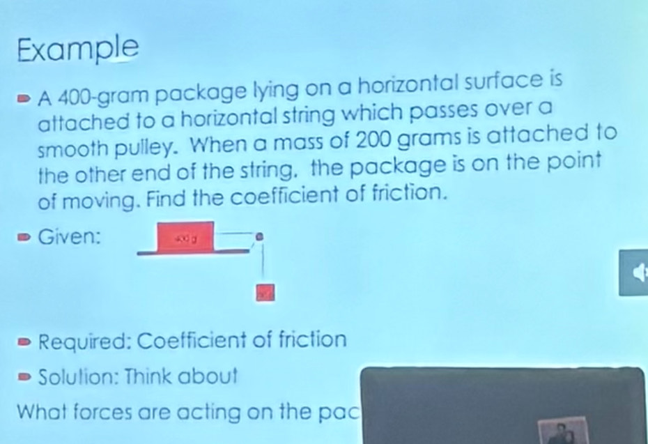 Solved: Example A 400-gram package lying on a horizontal surface is ...