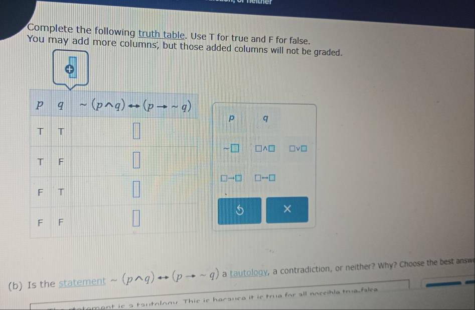 Solved: Complete the following truth table. Use T for true and F for ...