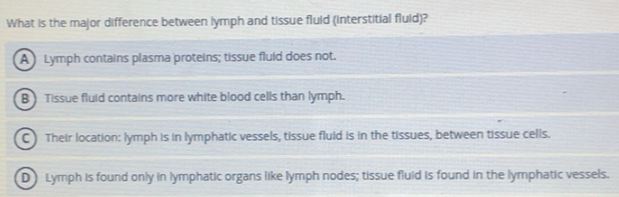 Solved: What is the major difference between lymph and tissue fluid (interstitial fluid)? A ...