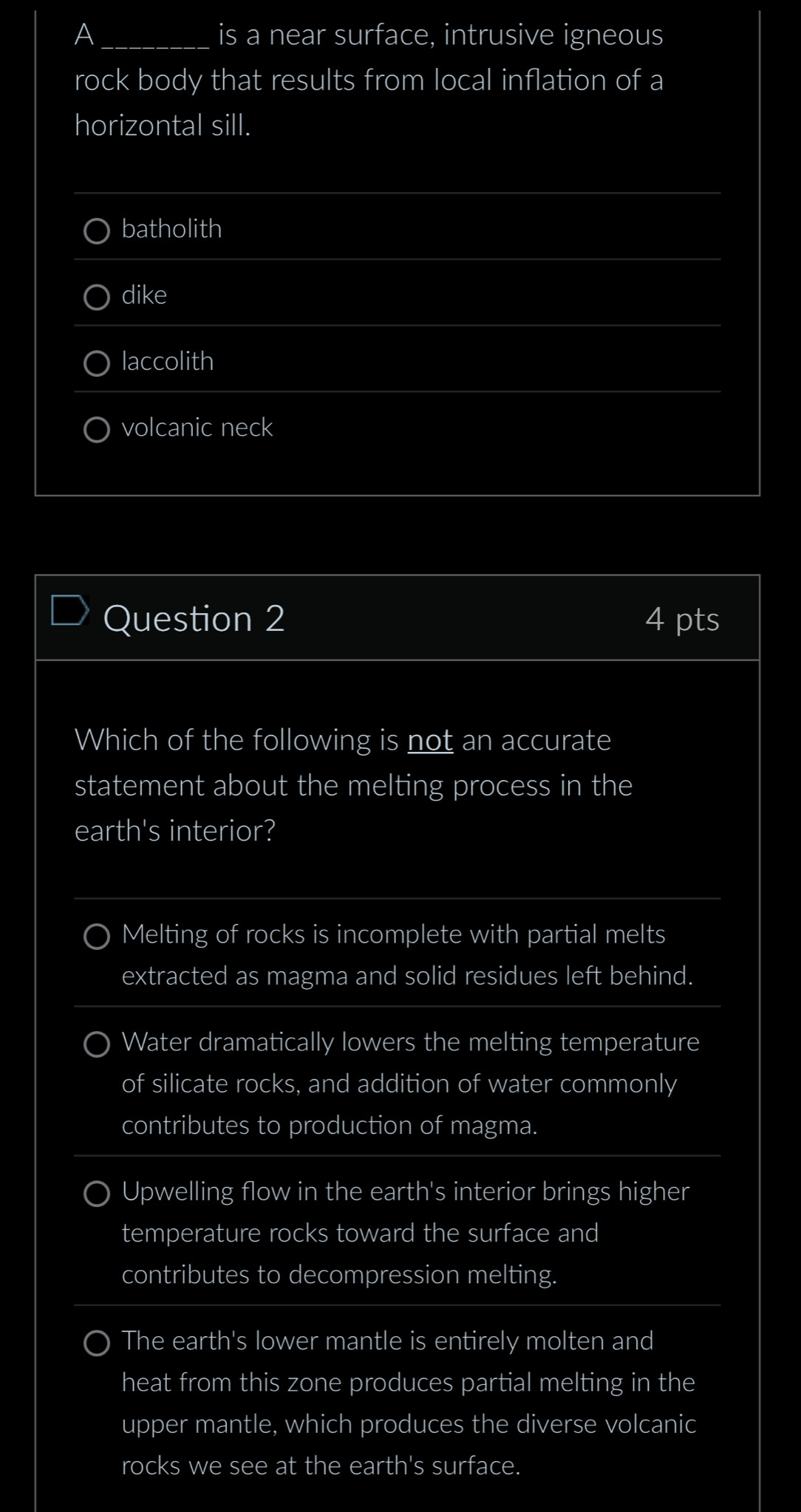 Solved: A _is a near surface, intrusive igneous rock body that results ...