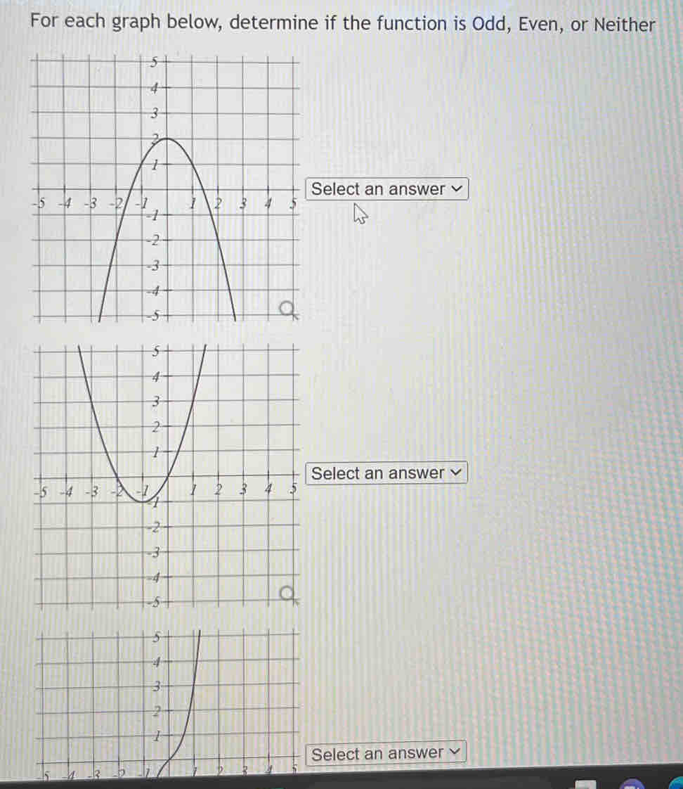 For each graph below, determine if the function is Odd, Even, or Neither Select an answer [Math]