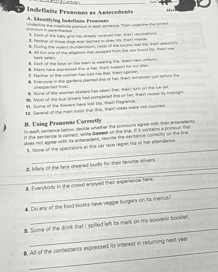 Solved: Date a Indefinite Pronouns as Antecedents More A. Identifying ...