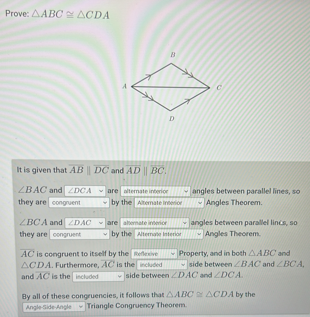 Solved: Prove: ABC≌ CDA It is given that overline ABparallel overline ...