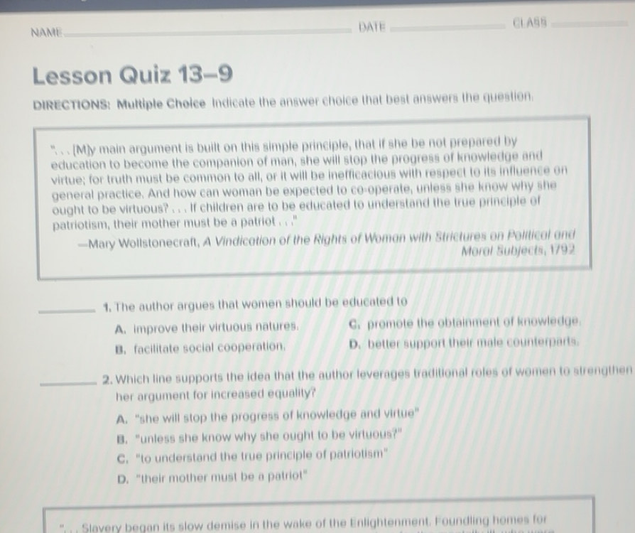 Solved: NAME _DATE _CLASS _ Lesson Quiz 13-9 DIRECTIONS: Multiple ...