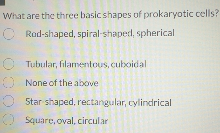Solved: What are the three basic shapes of prokaryotic cells? Rod ...