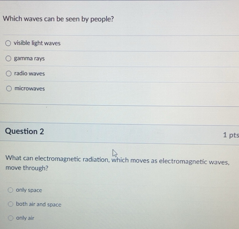 Solved: Which waves can be seen by people? visible light waves gamma ...