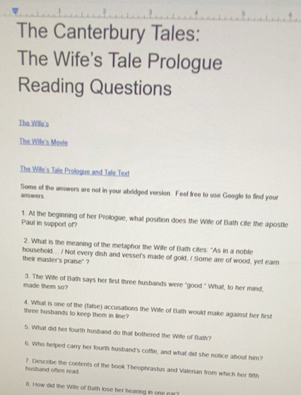 Solved: The Canterbury Tales: The Wife's Tale Prologue Reading ...
