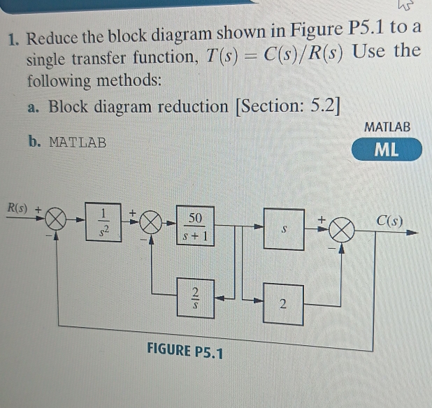Solved: Reduce the block diagram shown in Figure P5.1 to a single transfer function, T(s)=C(s)/R ...