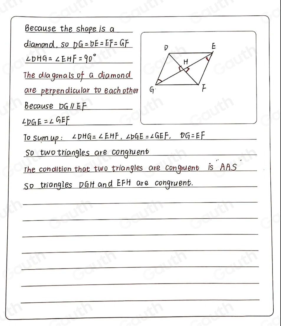 Solved: The diagram shows a rhombus DEFG. The diagonals intersect at H ...