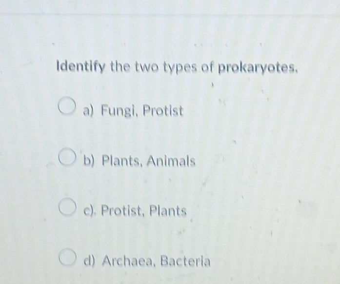 Solved: Identify the two types of prokaryotes. a) Fungi, Protist b ...