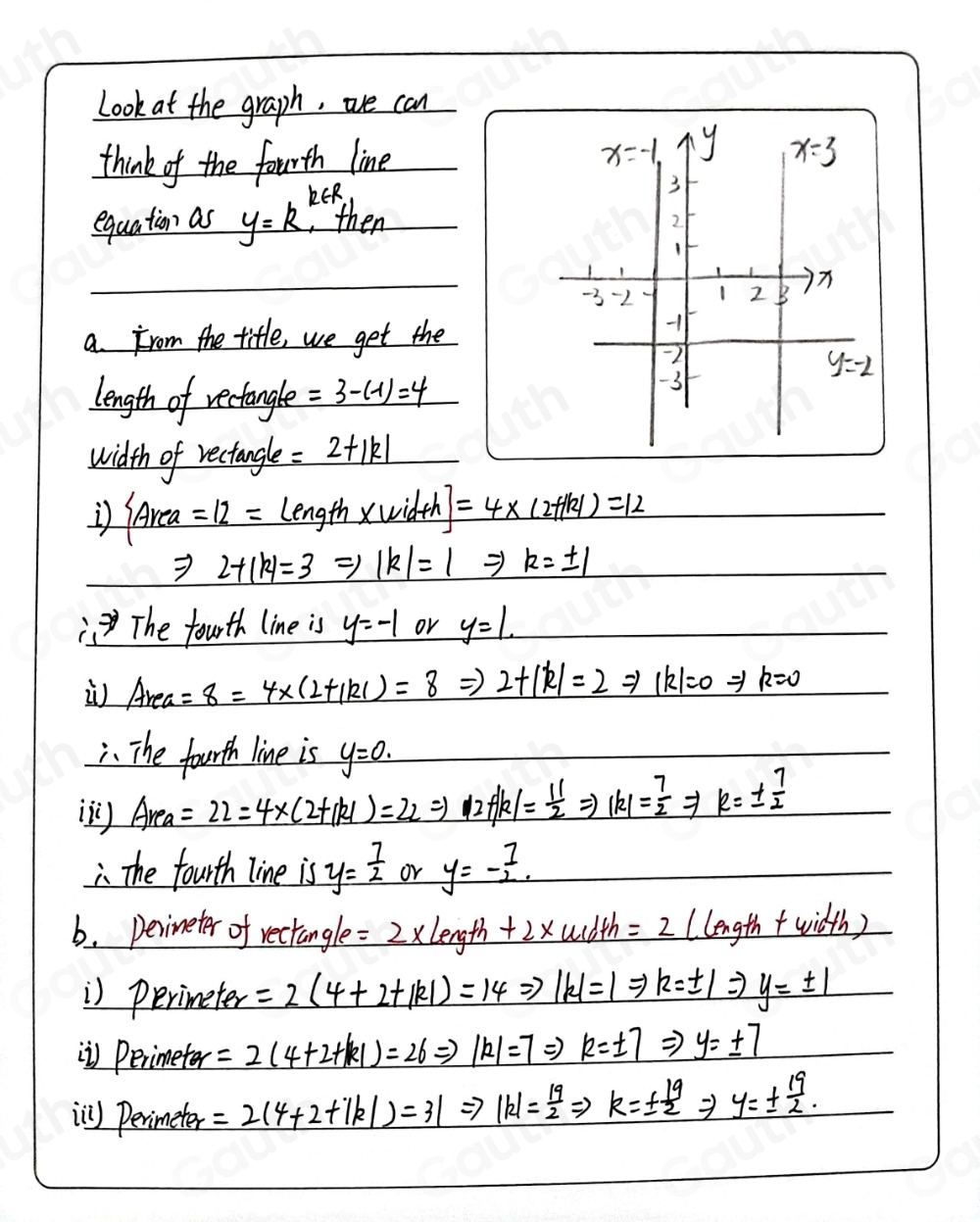 Solved: The lines x=-1, x=3 and y=-2 form three sides of a rectangle ...