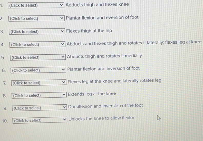 Solved: (Click to select) Adducts thigh and flexes knee 2. (Click to ...