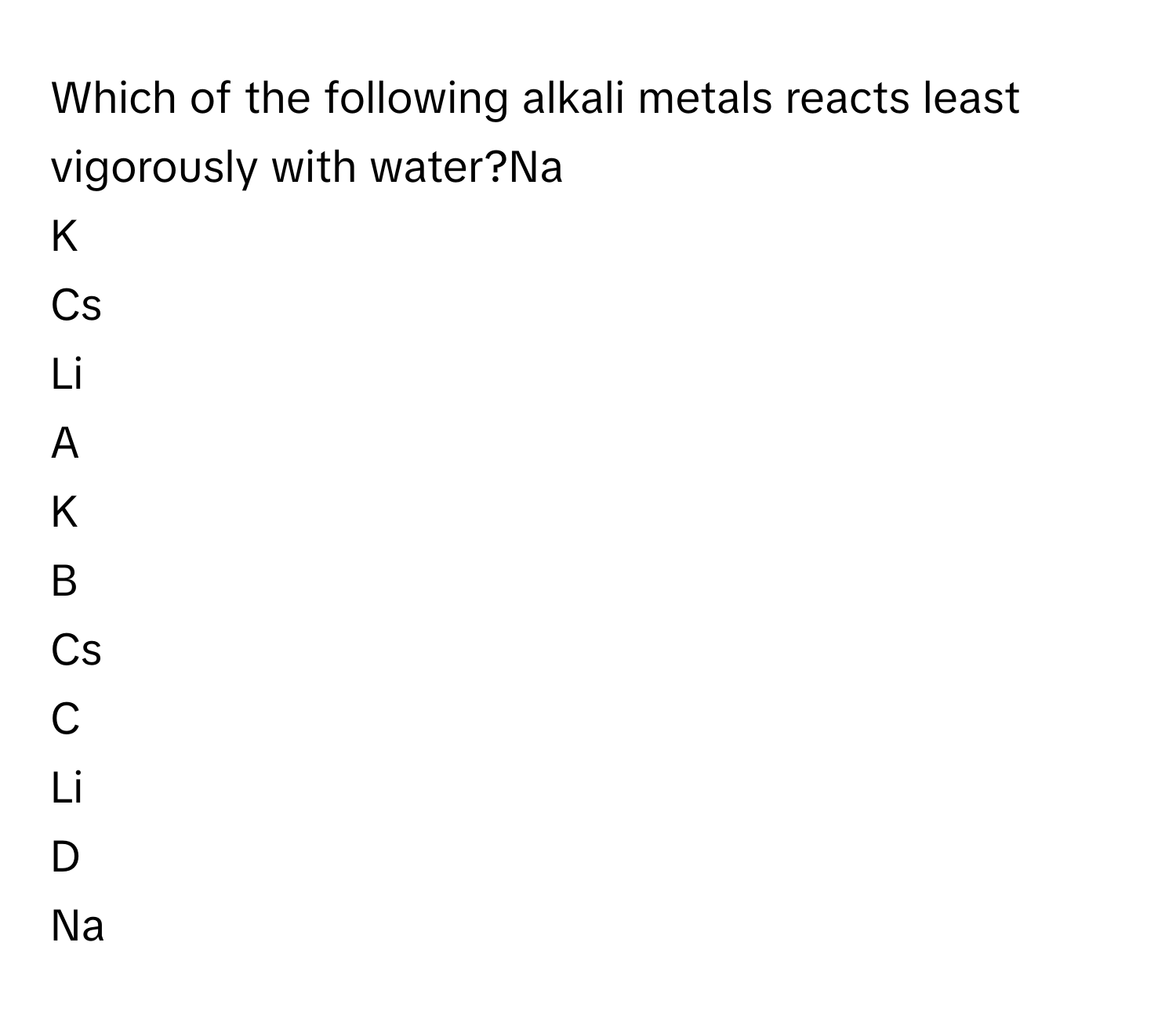 Solved: Which of the following alkali metals reacts least vigorously ...