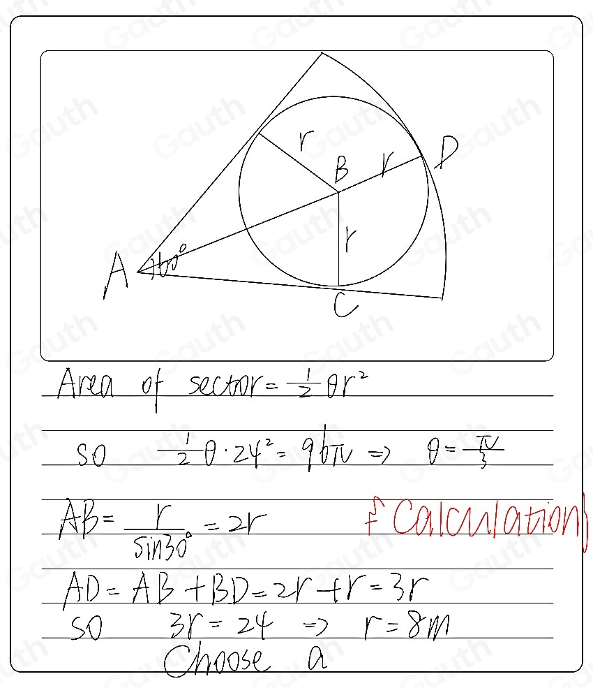 Solved: The area of the sector AOB with point O as its center is equal to 96π having a radius of ...