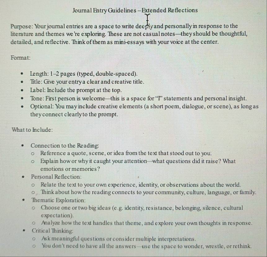 Solved: Journal Entry Guidelines - Extended Reflections Purpose: Your ...