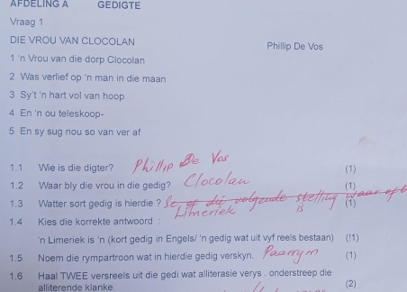 Solved: AFDELING A GEDIGTE Vraag 1 DIE VROU VAN CLOCOLAN Phillip De Vos ...