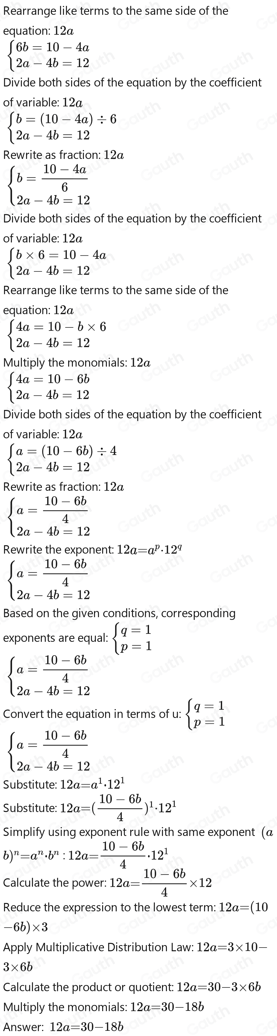 Solved: 4a + 6b = 10 2a-4b=12 What does 12a =? [Math]