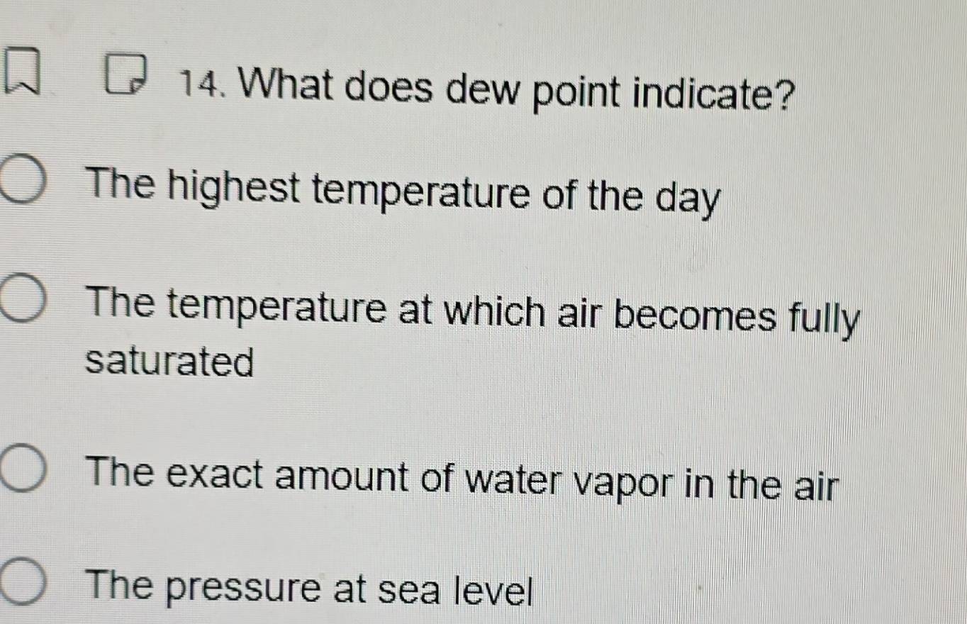 Solved: What does dew point indicate? The highest temperature of the ...