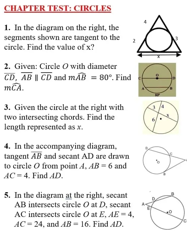 Solved: CHAPTER TEST: CIRCLES 1. In the diagram on the right, the ...