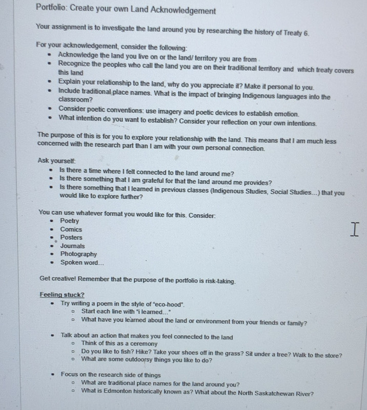 Solved: Portfolio: Create your own Land Acknowledgement Your assignment ...