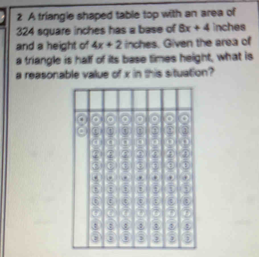 Solved: A triangle shaped table top with an area of 324 square inches ...