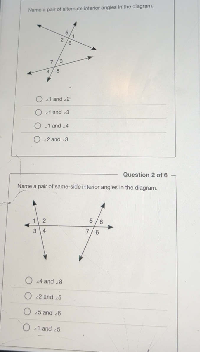 Solved: Name a pair of alternate interior angles in the diagram. 5 1 2 ...