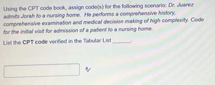 Solved: Using the CPT code book, assign code(s) for the following scenario: Dr. Juarez admits ...