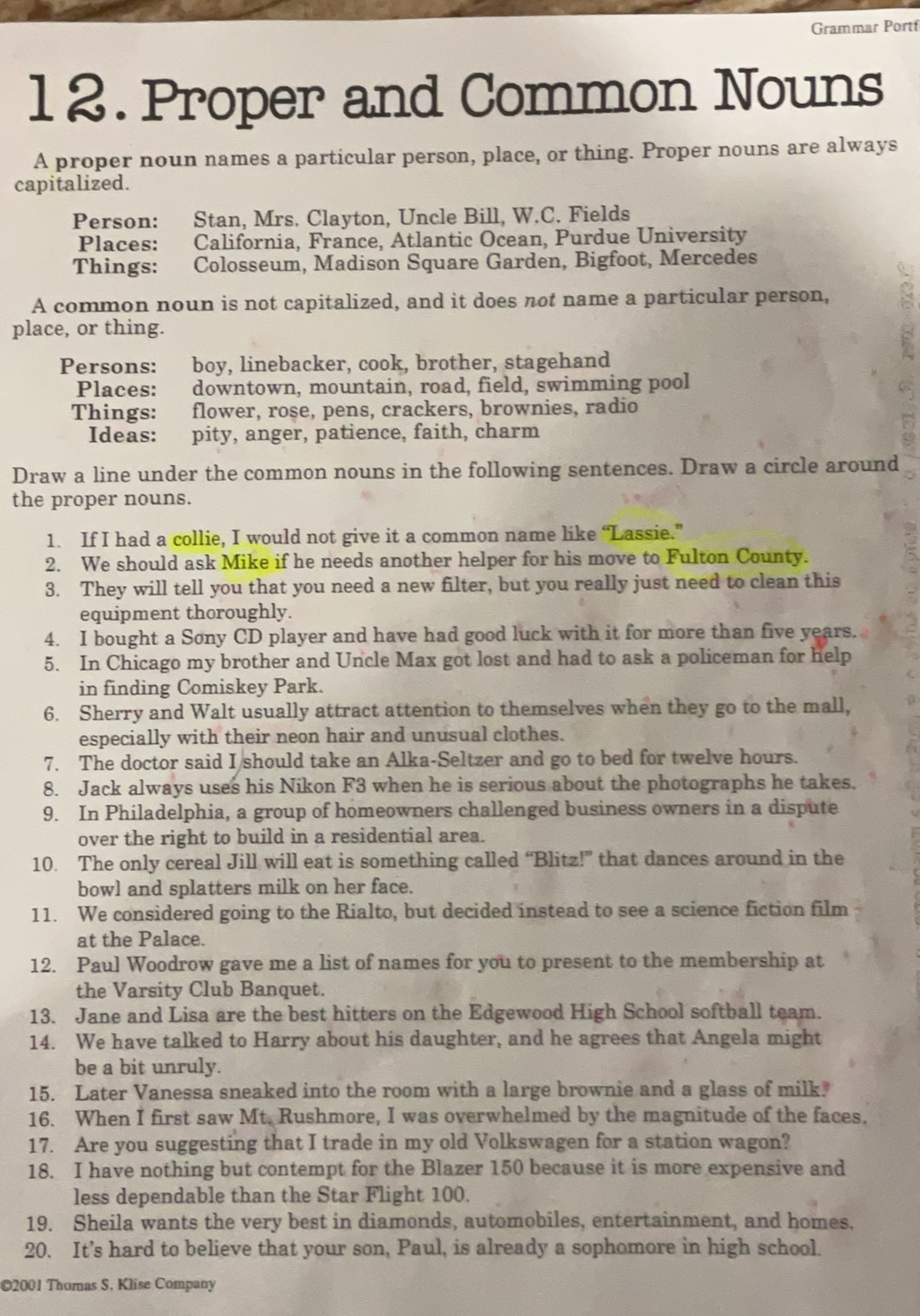 Solved: Grammar Portf 12. Proper and Common Nouns A proper noun names a ...