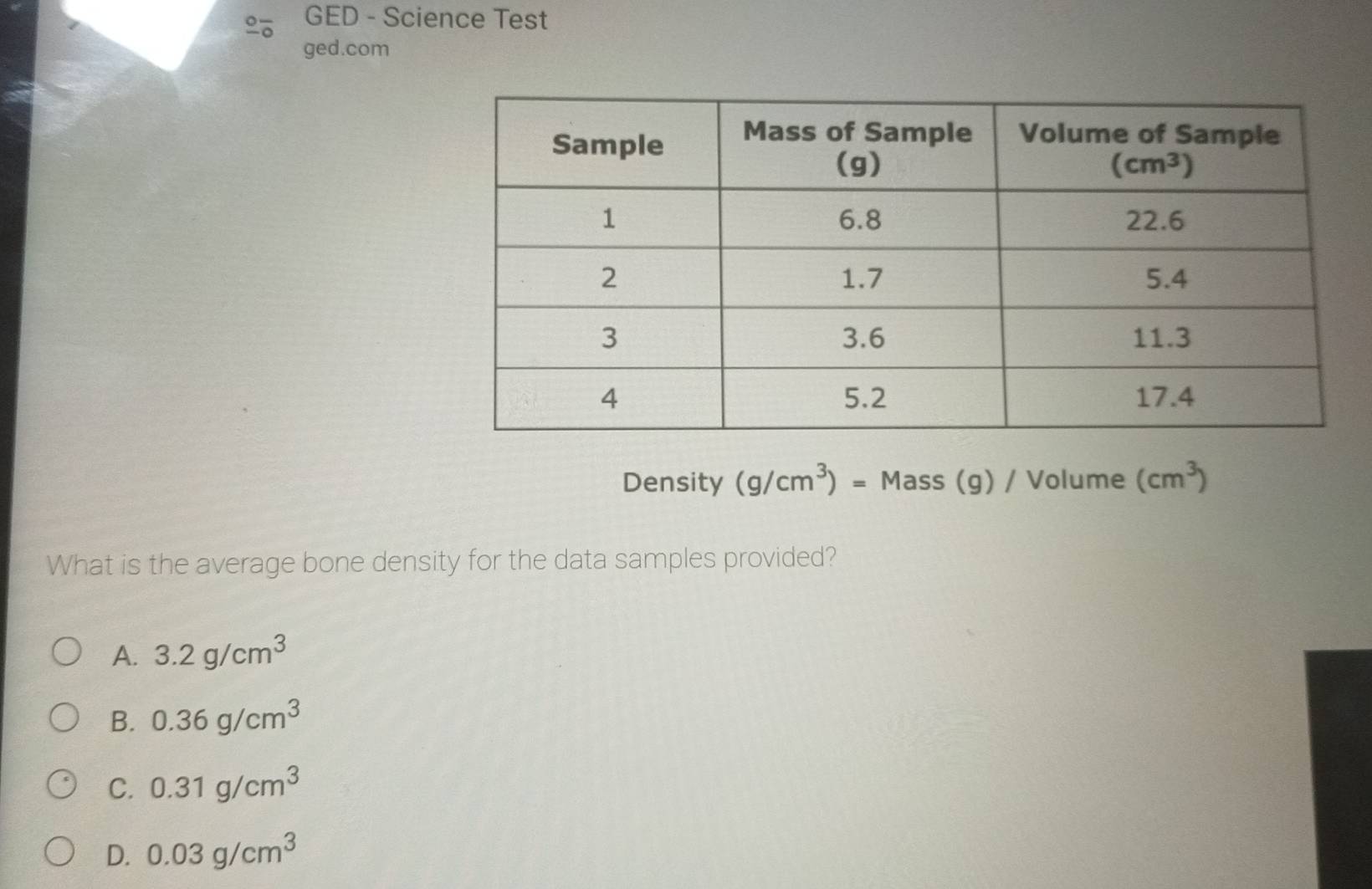 Solved: GED - Science Test ged.com Density (g/cm^3)=Mass(g) / Volume ...
