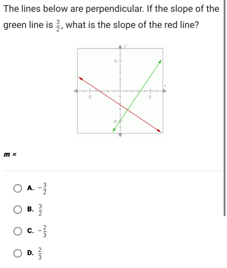 Solved: The lines below are perpendicular. If the slope of the green ...