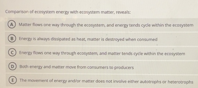 Solved: Comparison of ecosystem energy with ecosystem matter, reveals ...