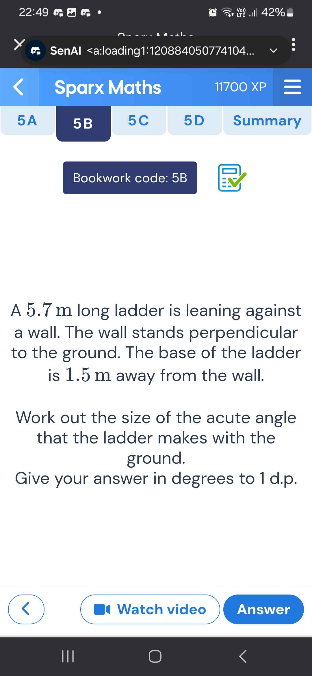 Solved: 22:49 A2 SenAl 5.7 m long ladder is leaning against a wall. The ...