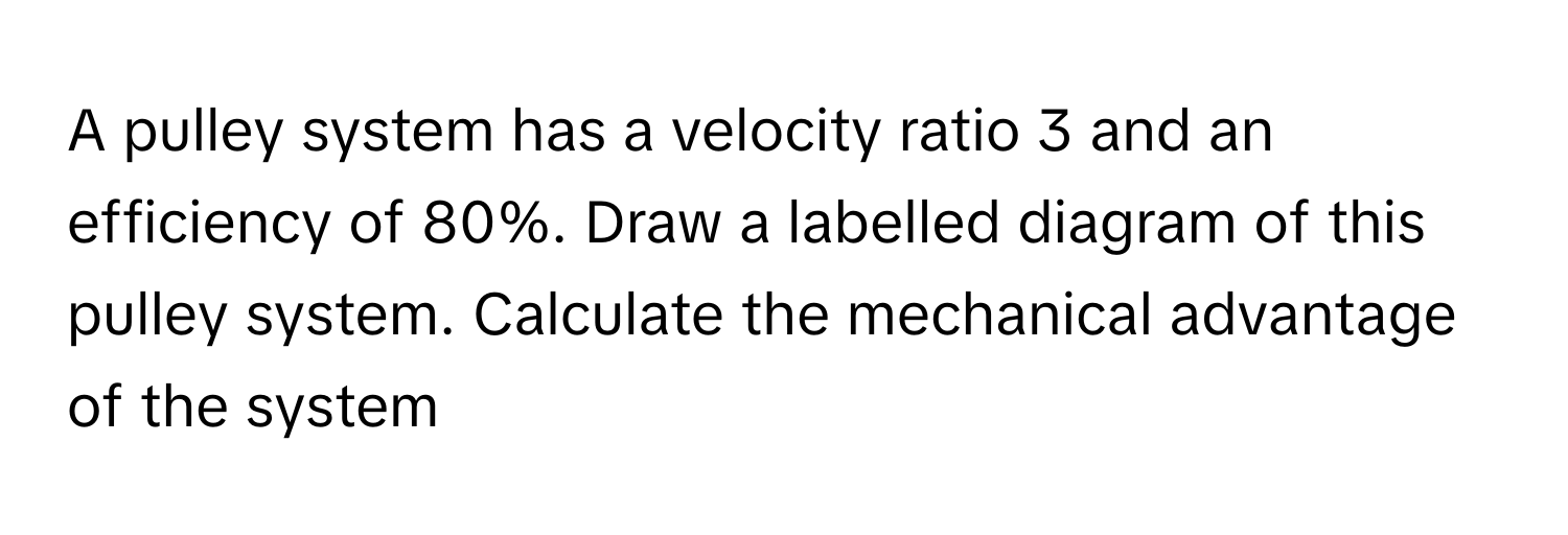 Solved: A pulley system has a velocity ratio 3 and an efficiency of 80% ...