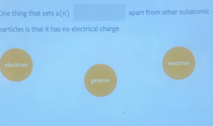 Solved: One thing that sets a(n) apart from other subatomic particles is that it has no ...