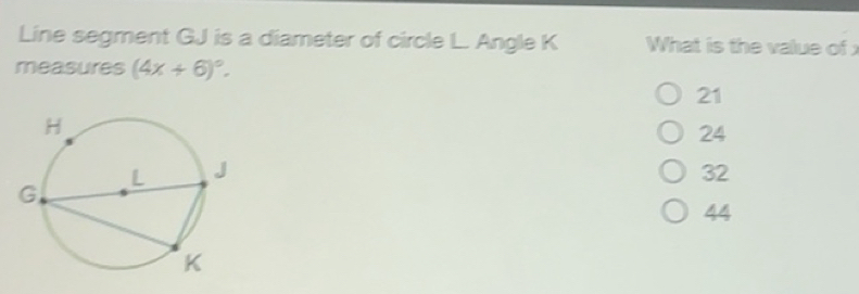 Solved: Line segment GJ is a diameter of circle L. Angle K What is the ...