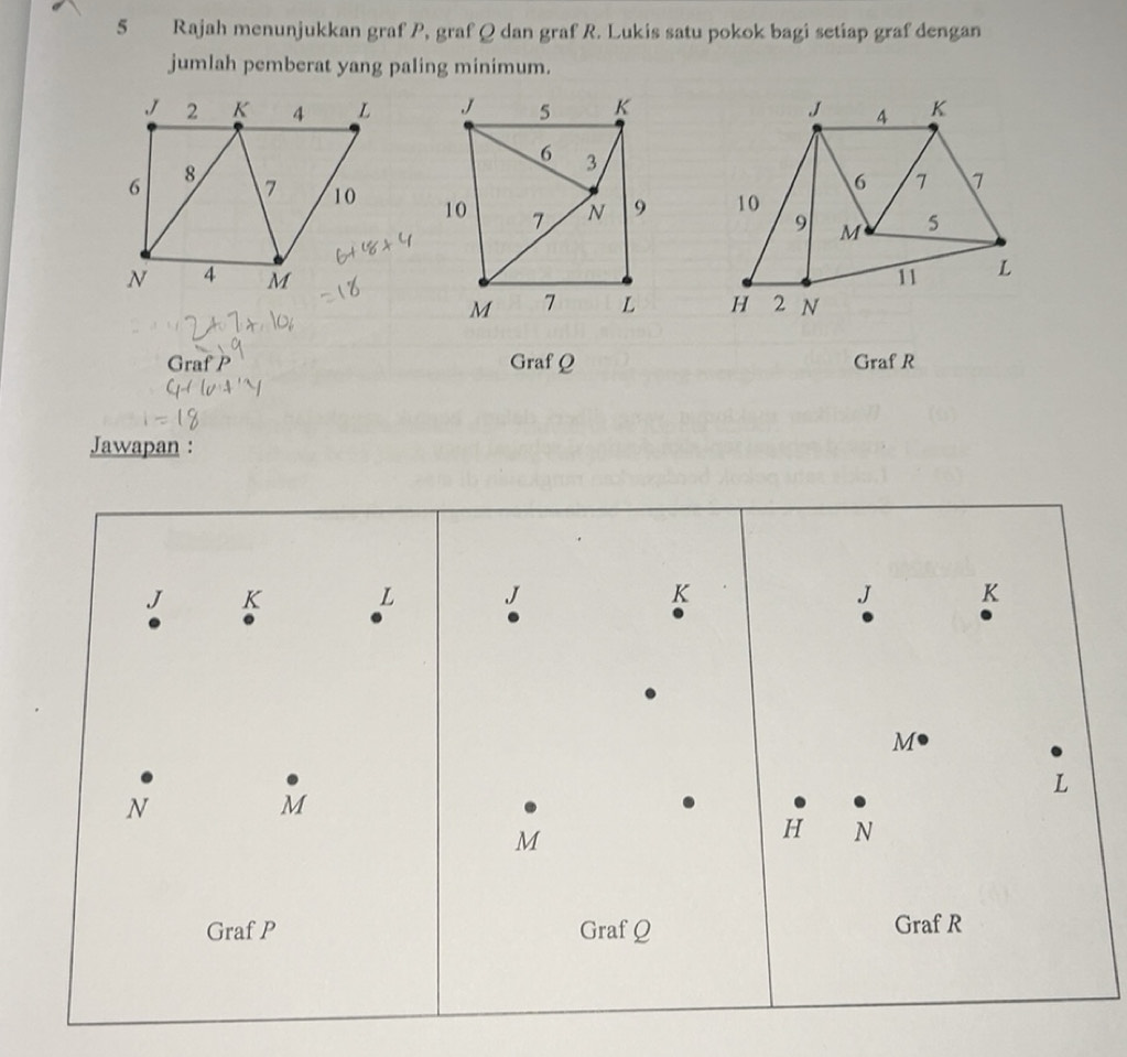 Selesai:Rajah menunjukkan graf P, graf Q dan graf R. Lukis satu pokok ...