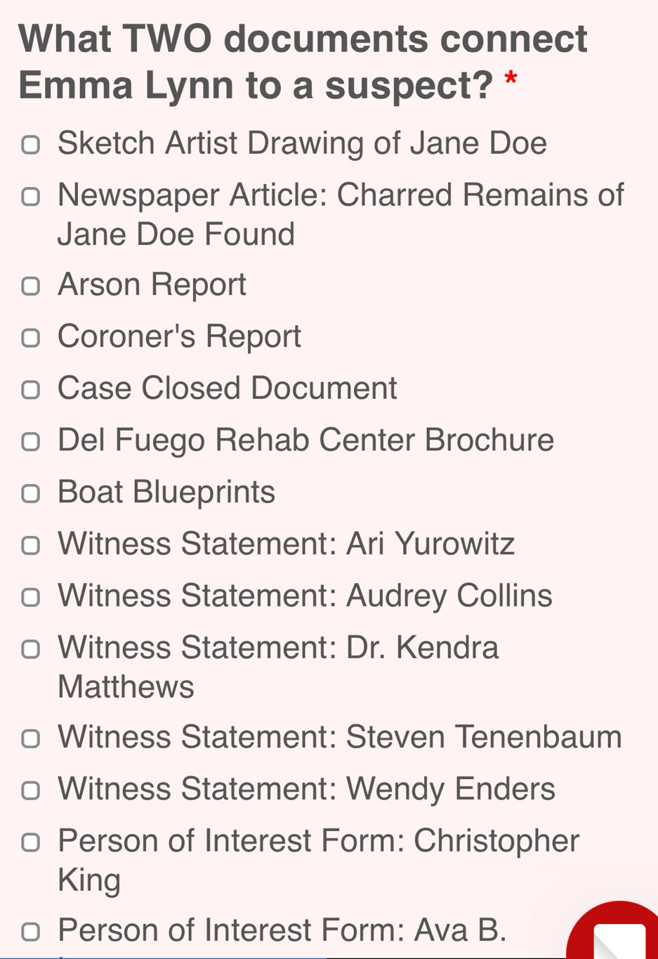 Solved: What TWO documents connect Emma Lynn to a suspect? * Sketch ...